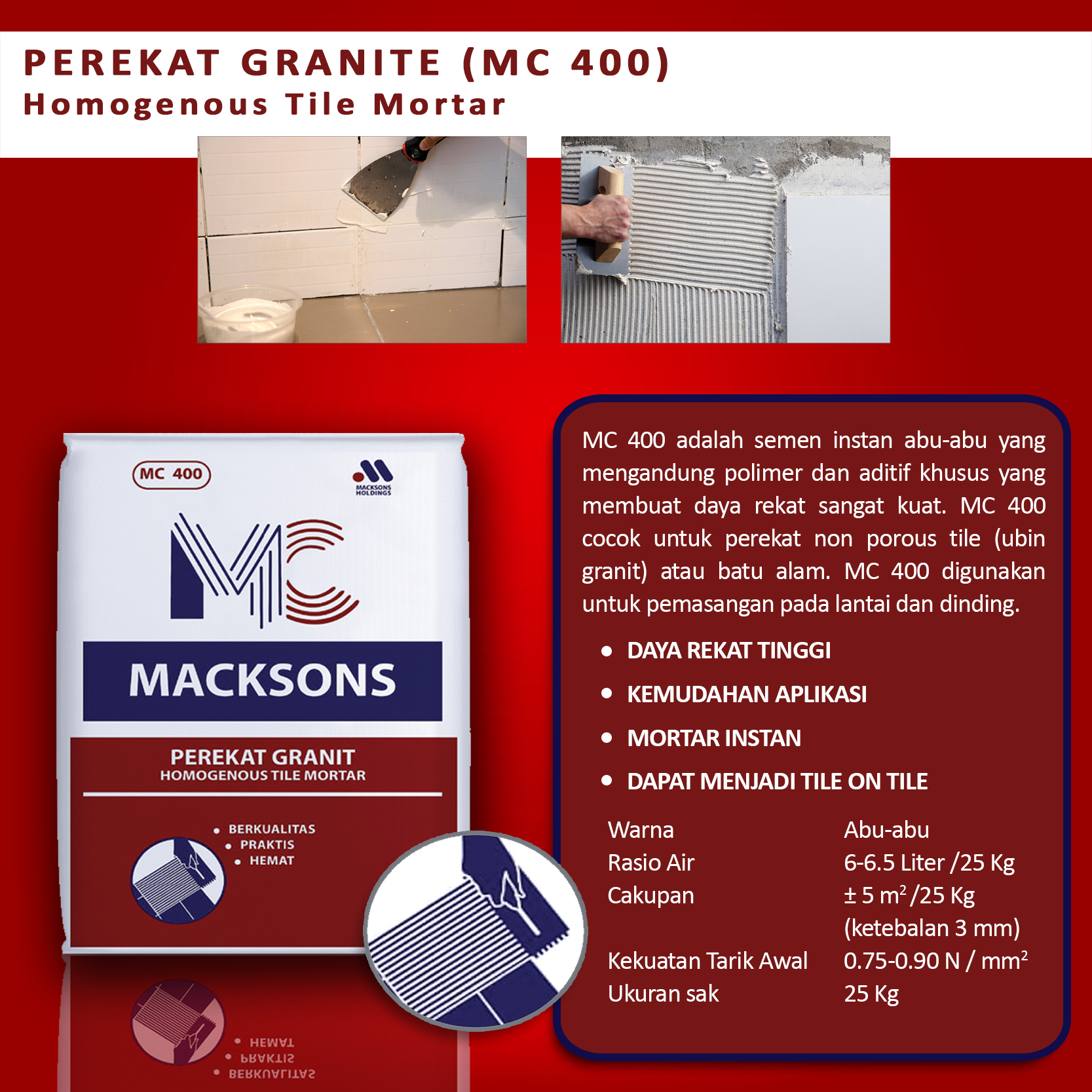 Semen & Tile Grout Semen Macksons MC-400 Homogenous Tile Mortar/Perekat ...